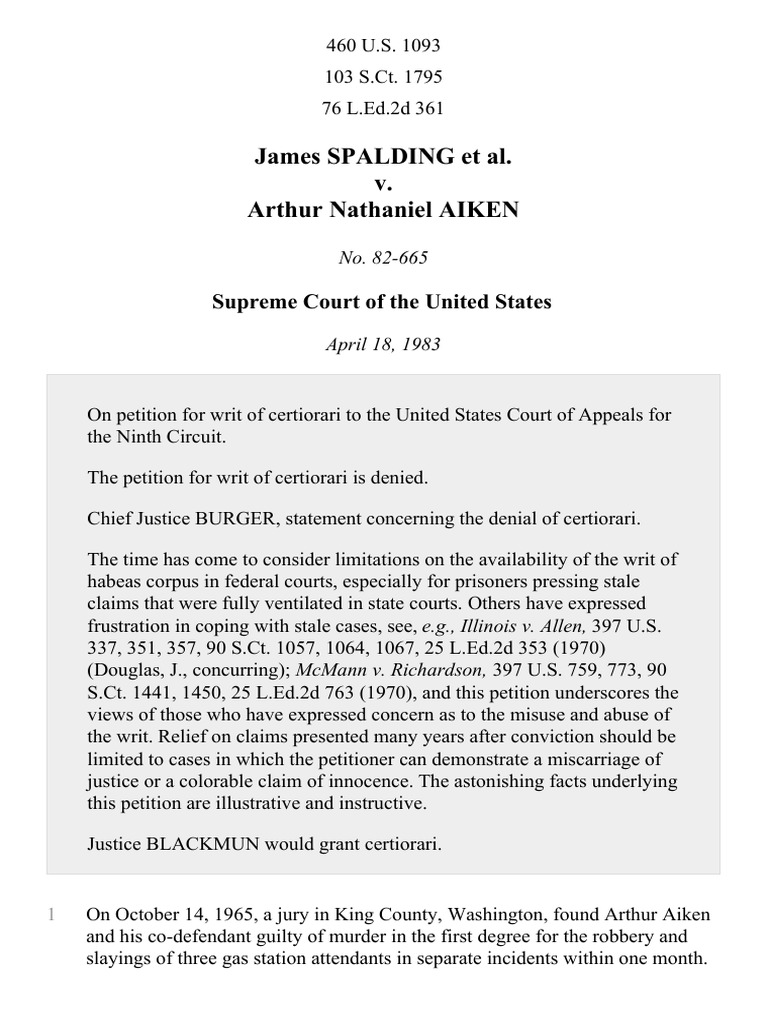 James Spalding v. Arthur Nathaniel Aiken, 460 U.S. 1093 (1983) | PDF ...