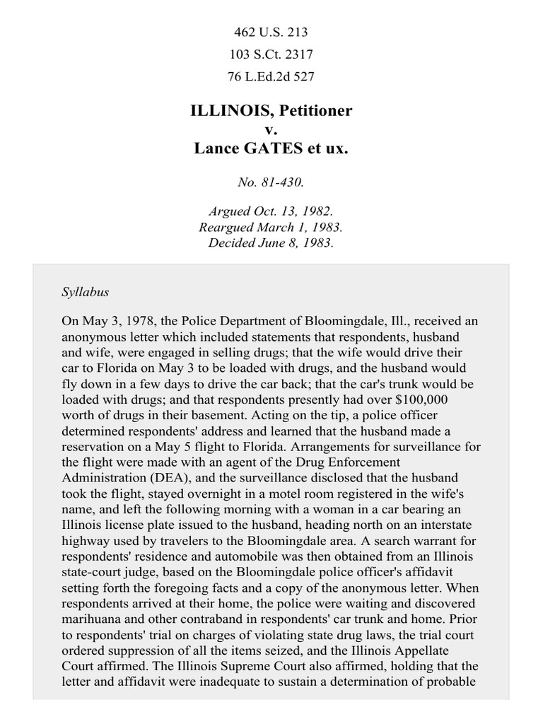 Illinois v. Gates, 462 U.S. 213 (1983) | Fourth Amendment To The United ...