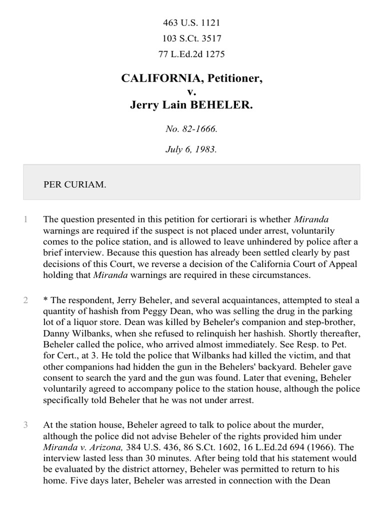 California v. Beheler, 463 U.S. 1121 (1983) | PDF | Miranda Warning ...