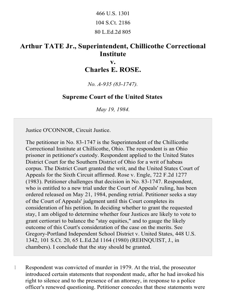 Arthur Tate JR., Superintendent, Chillicothe Correctional Institute v ...