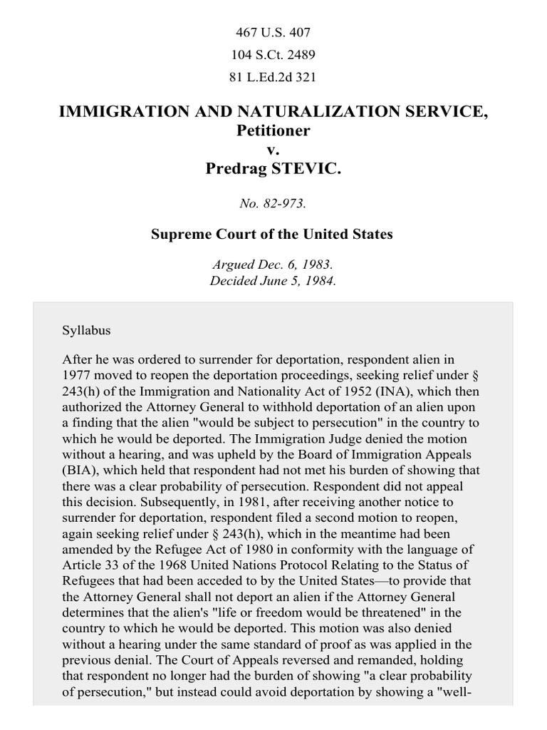 INS v. Stevic, 467 U.S. 407 (1984) | PDF | Asylum In The United States ...