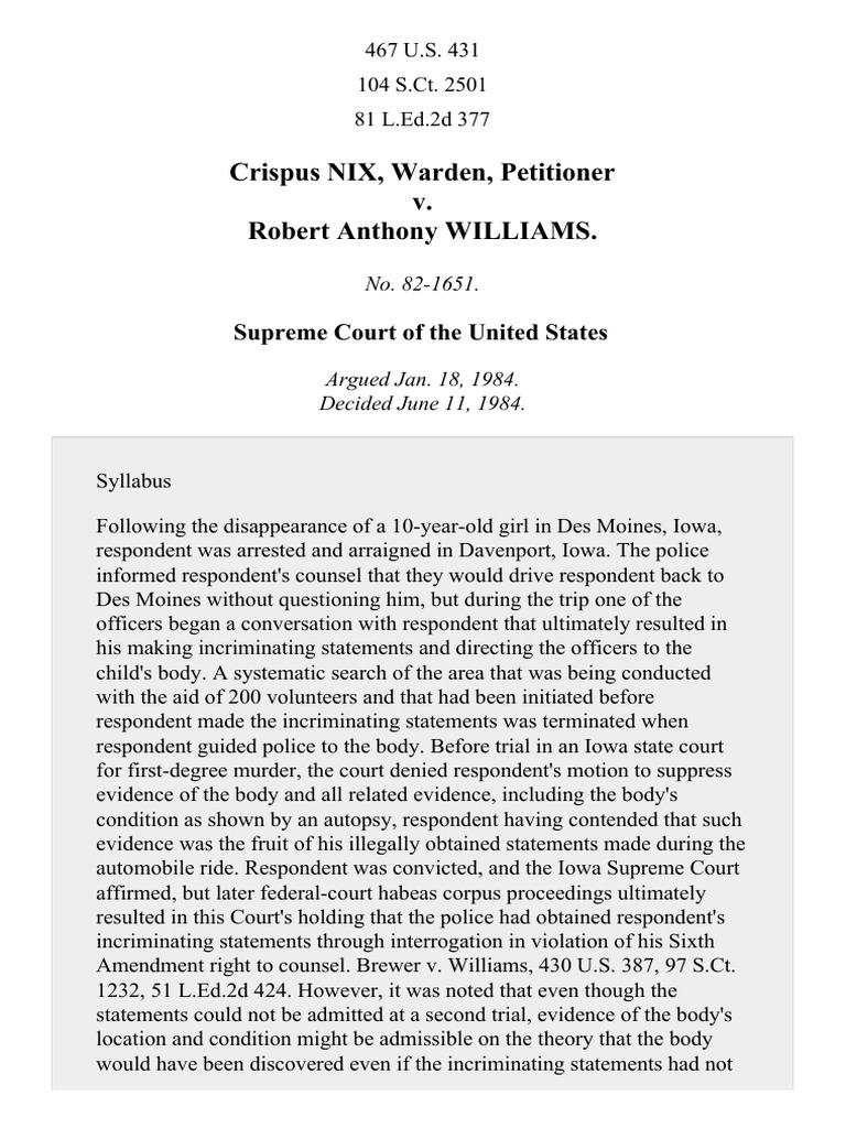 Nix v. Williams, 467 U.S. 431 (1984) | PDF | Exclusionary Rule ...