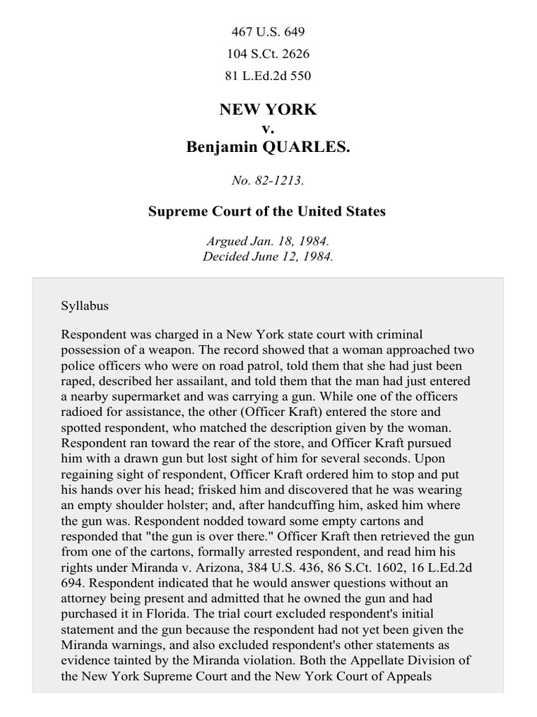 New York v. Quarles, 467 U.S. 649 (1984) | PDF | Miranda Warning | Self ...