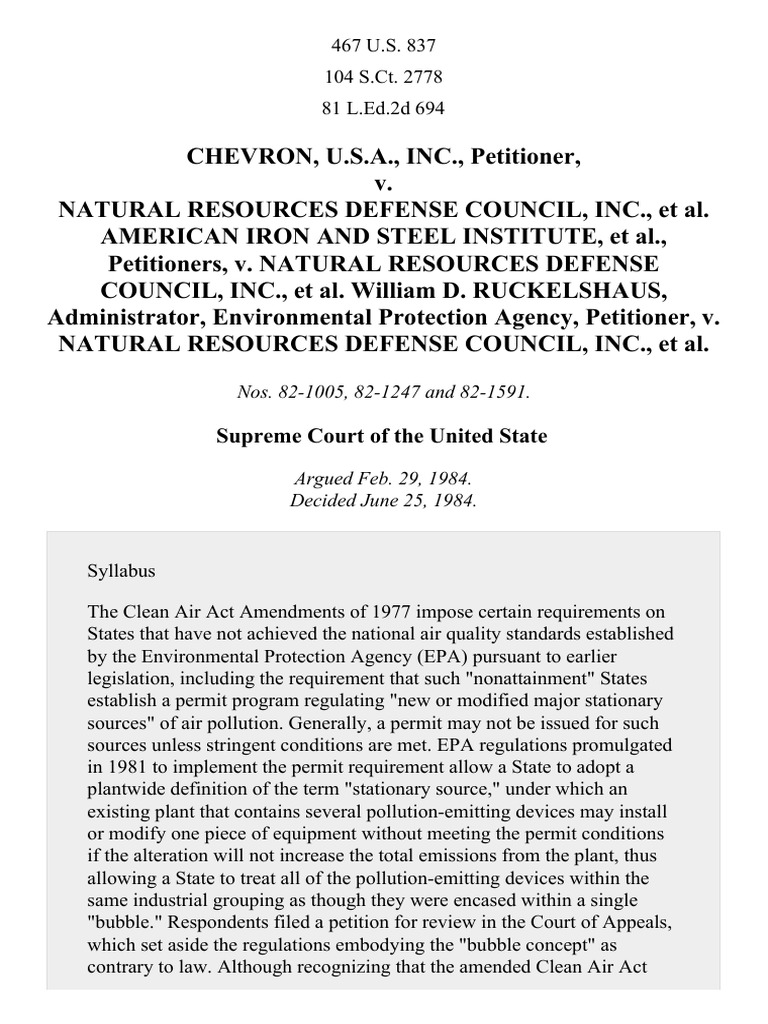 Chevron USA Inc. v. Natural Resources Defense Council, Inc., 467 U.S ...