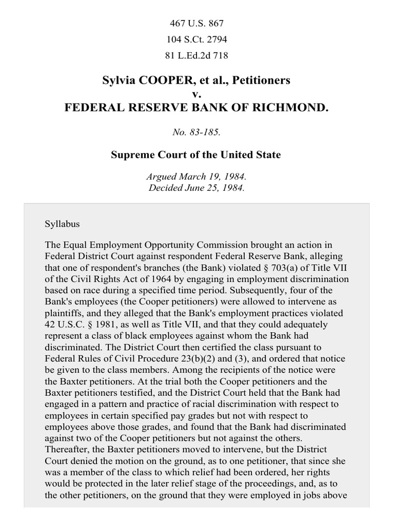 Cooper v. Federal Reserve Bank of Richmond, 467 U.S. 867 (1984) | PDF ...