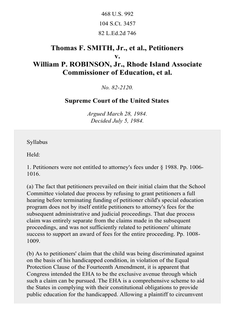Smith v. Robinson, 468 U.S. 992 (1984) | PDF | Fourteenth Amendment To ...