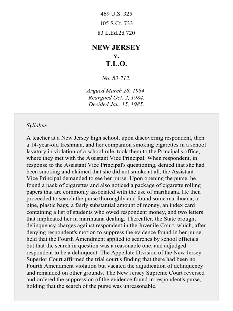New Jersey v. TLO, 469 U.S. 325 (1985) | Search And Seizure | Fourth ...