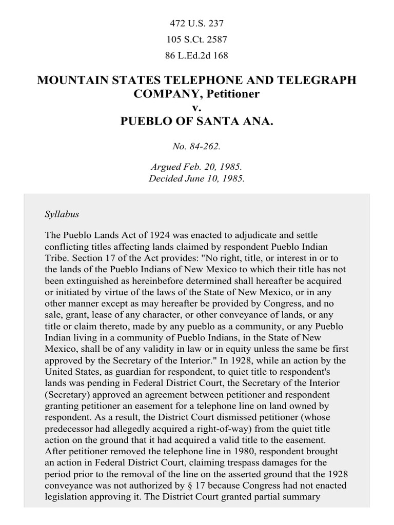 Mountain States Telephone & Telegraph Co. v. Pueblo of Santa Ana, 472 U ...