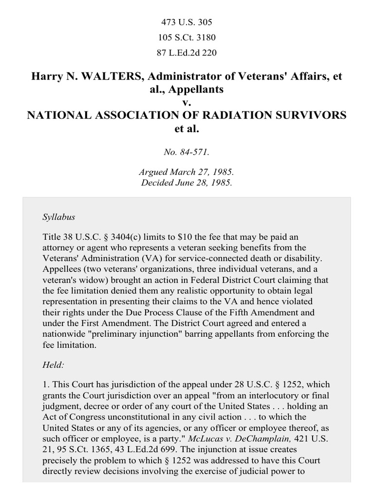 Walters v. National Assn. of Radiation Survivors, 473 U.S. 305 (1985 ...