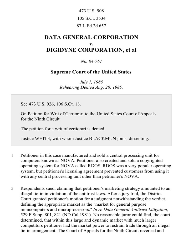 Data General Corporation v. Digidyne Corporation, 473 U.S. 908 (1985 ...