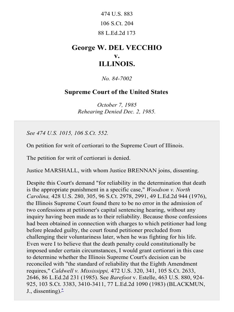 George W. Del Vecchio v. Illinois, 474 U.S. 883 (1985) | PDF ...
