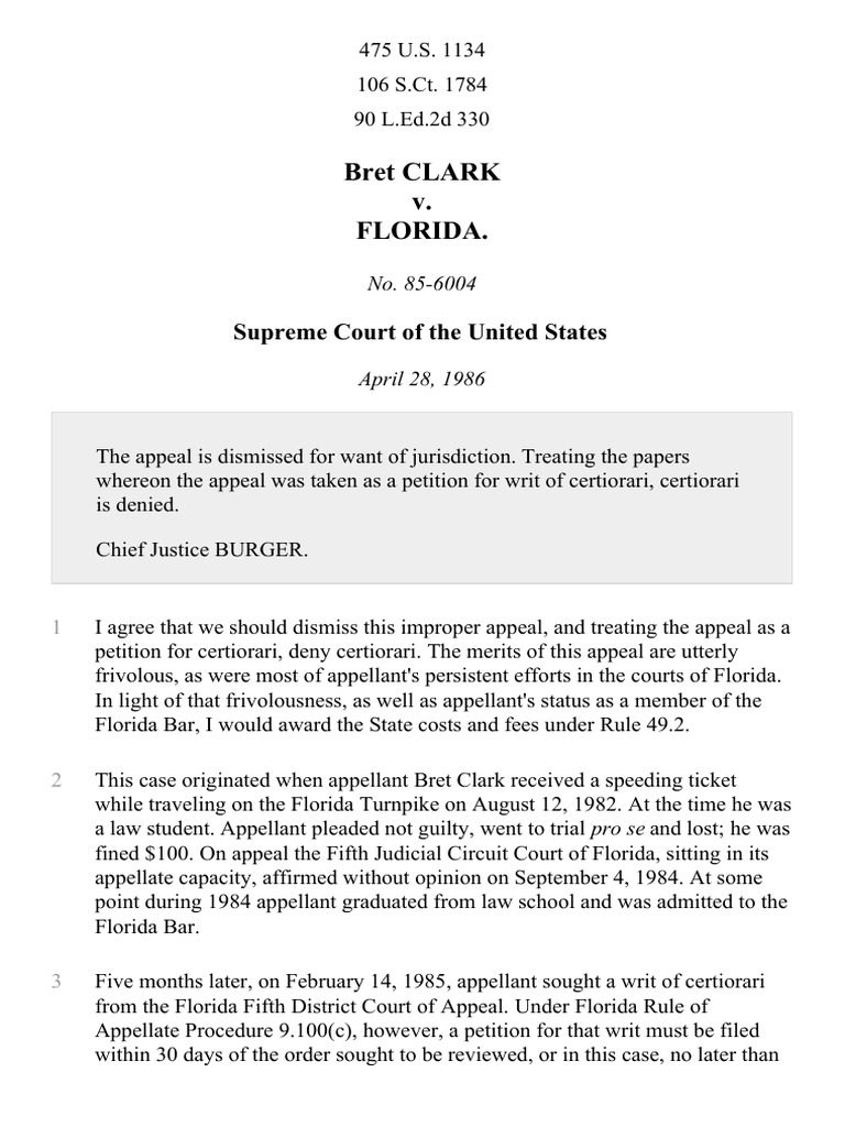 Bret Clark v. Florida, 475 U.S. 1134 (1986) | PDF | Certiorari | Lawsuit