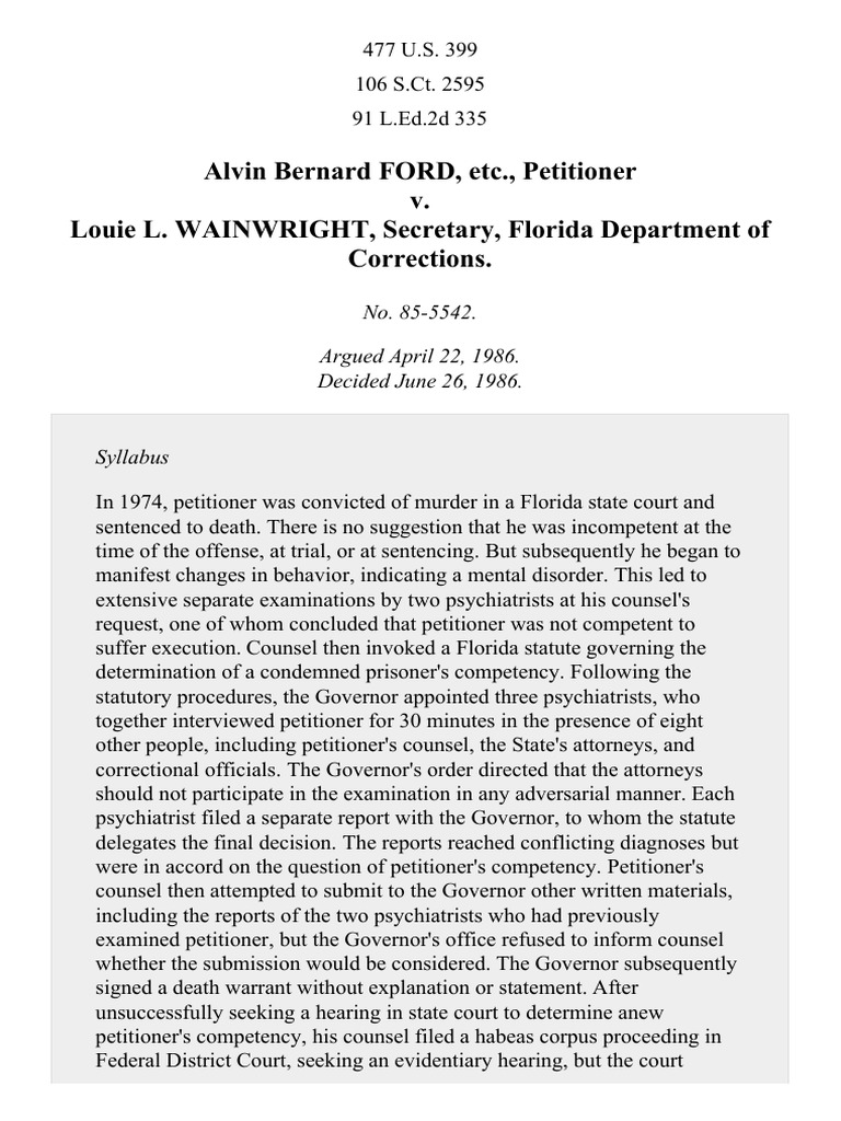 Ford v. Wainwright, 477 U.S. 399 (1986) | PDF | Eighth Amendment To The ...