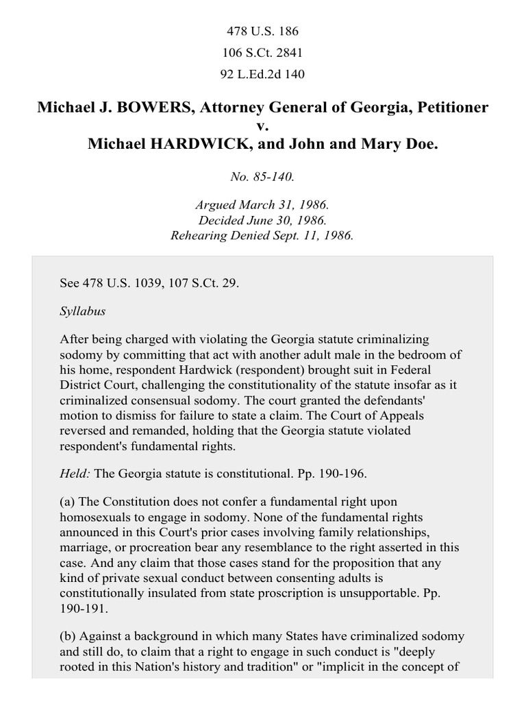 Bowers v. Hardwick: Sodomy Law Ruling | PDF | Bowers V. Hardwick ...