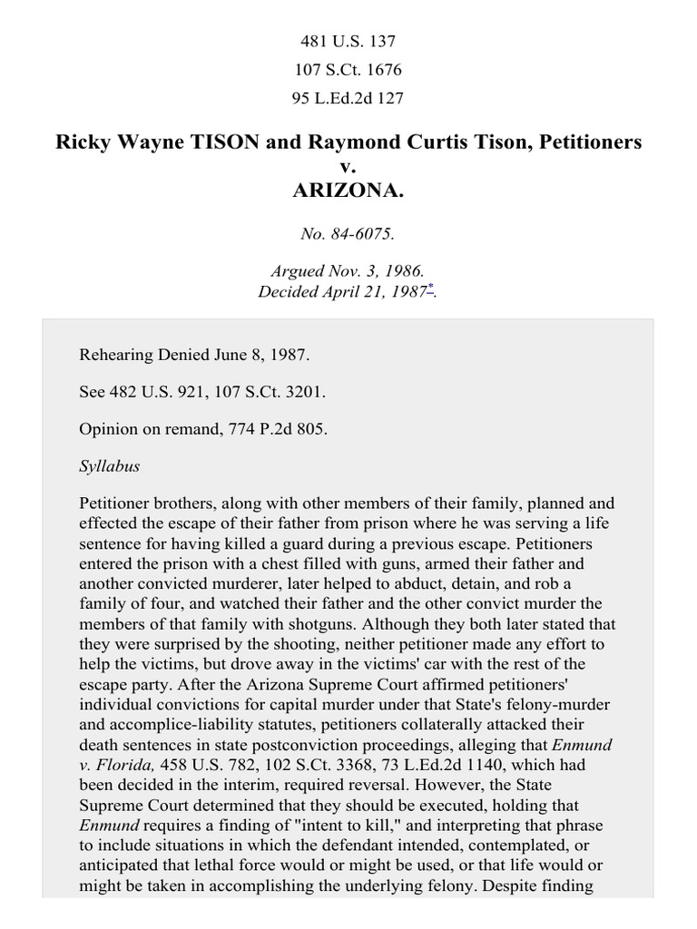Tison v. Arizona, 481 U.S. 137 (1987) | PDF | Murder | Intention ...