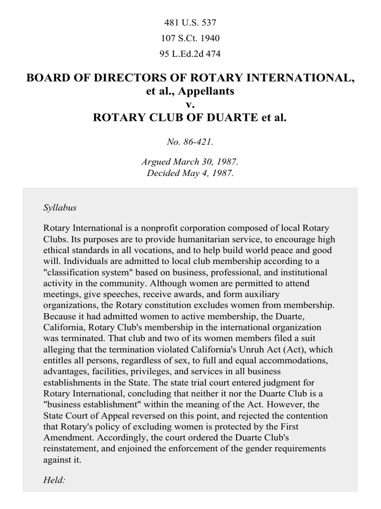 Board of Directors of Rotary Int'l v. Rotary Club of Duarte, 481 U.S ...