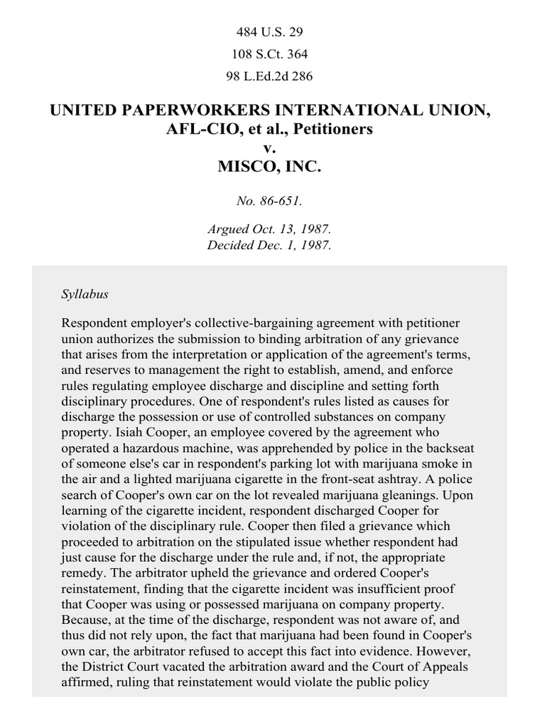 Paperworkers v. Misco, Inc., 484 U.S. 29 (1987) | PDF | Arbitral ...