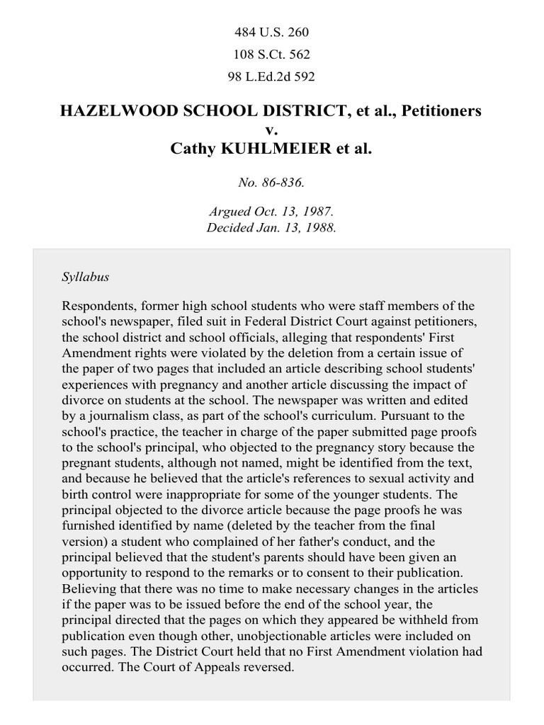 Hazelwood School Dist. v. Kuhlmeier, 484 U.S. 260 (1988) | PDF | First ...