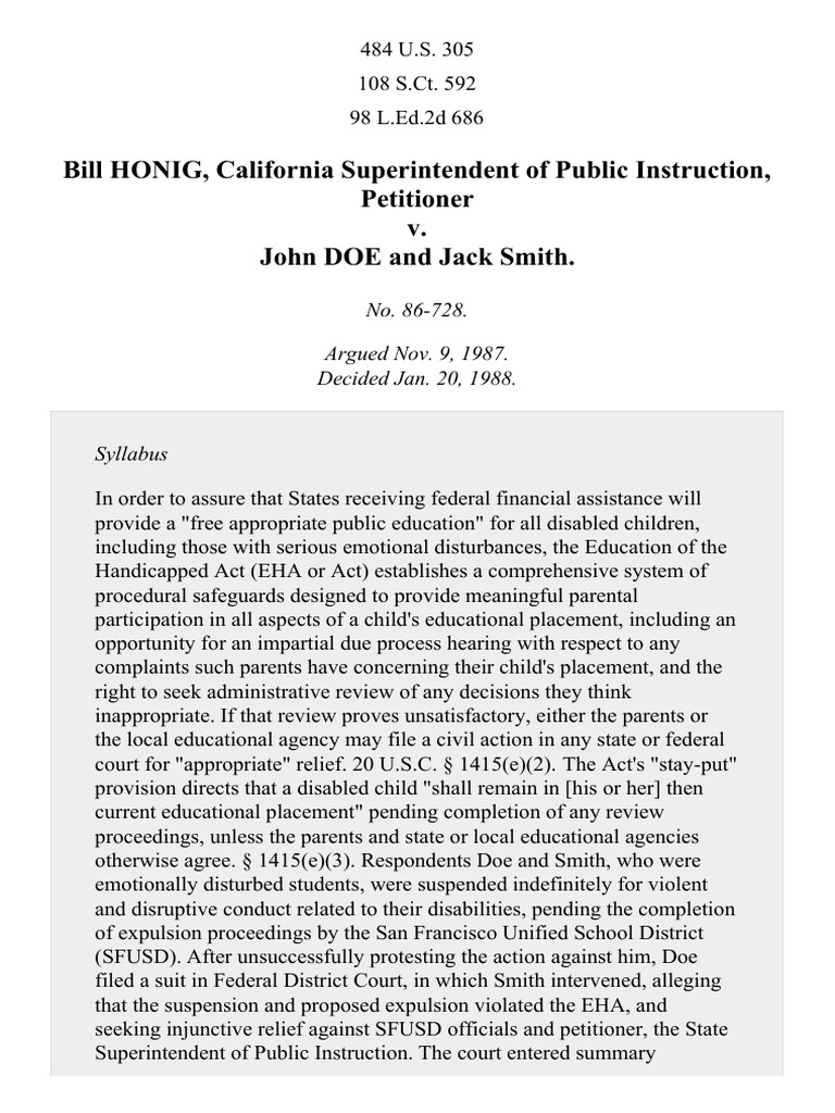 Honig v. Doe, 484 U.S. 305 (1988) | Mootness | Supreme Court Of The ...
