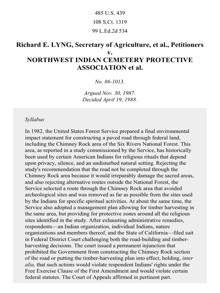 Lyng v. Northwest Indian Cemetery Protective Assn., 485 U.S. 439 (1988 ...