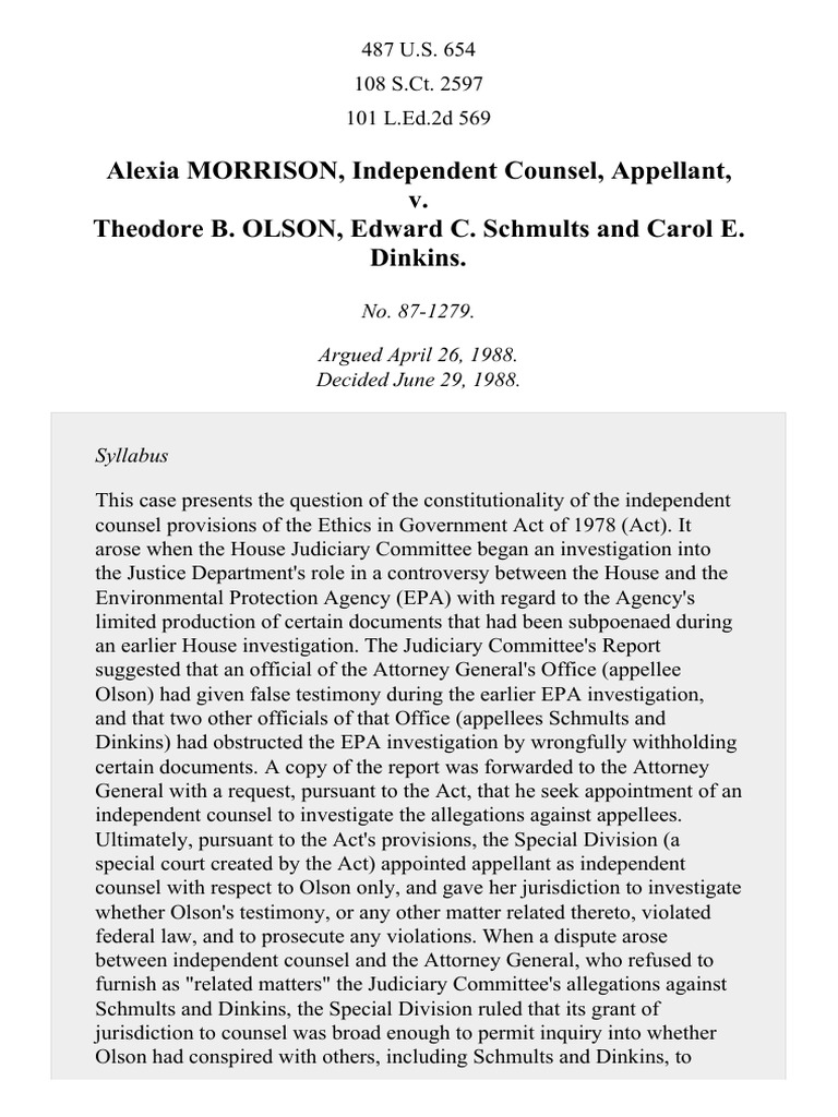 Morrison v. Olson, 487 U.S. 654 (1988) | PDF | Article Three Of The ...