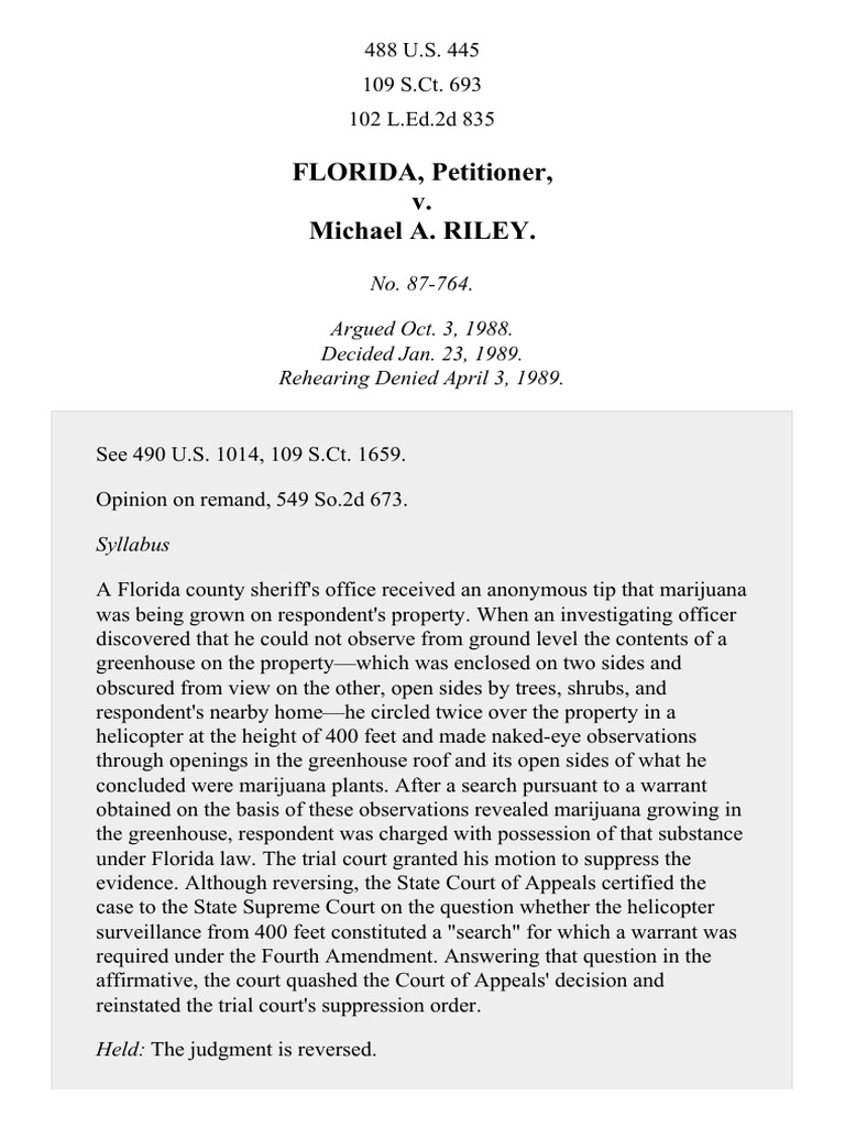 Florida v. Riley, 488 U.S. 445 (1989) | PDF | Fourth Amendment To The ...