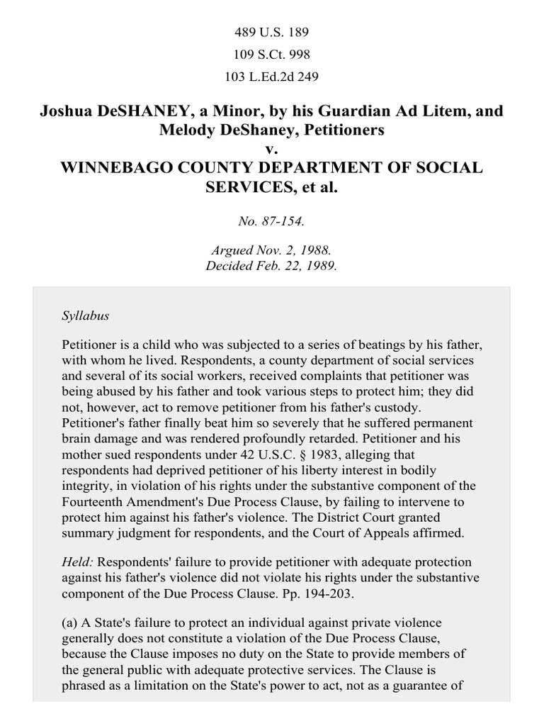 DeShaney v. Winnebago County Dept. of Social Servs., 489 U.S. 189 (1989 ...
