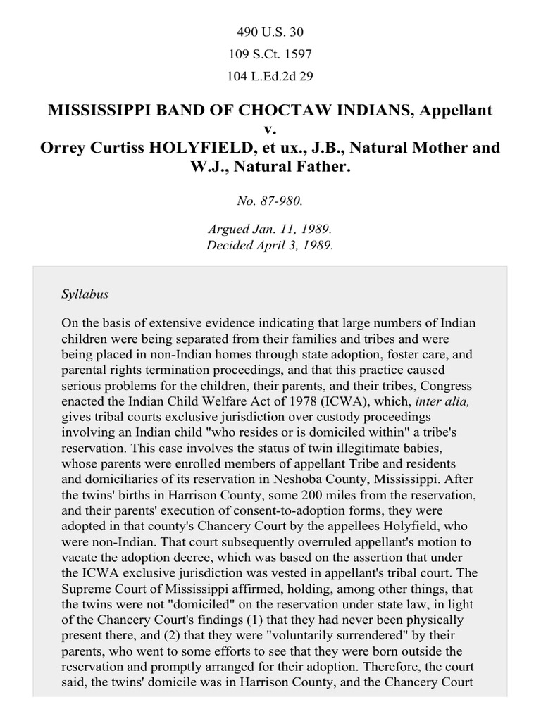 Mississippi Band of Choctaw Indians v. Holyfield, 490 U.S. 30 (1989 ...