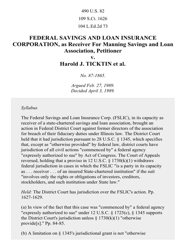 FSLIC v. Ticktin, 490 U.S. 82 (1989) | PDF | Jurisdiction | Law Of The ...
