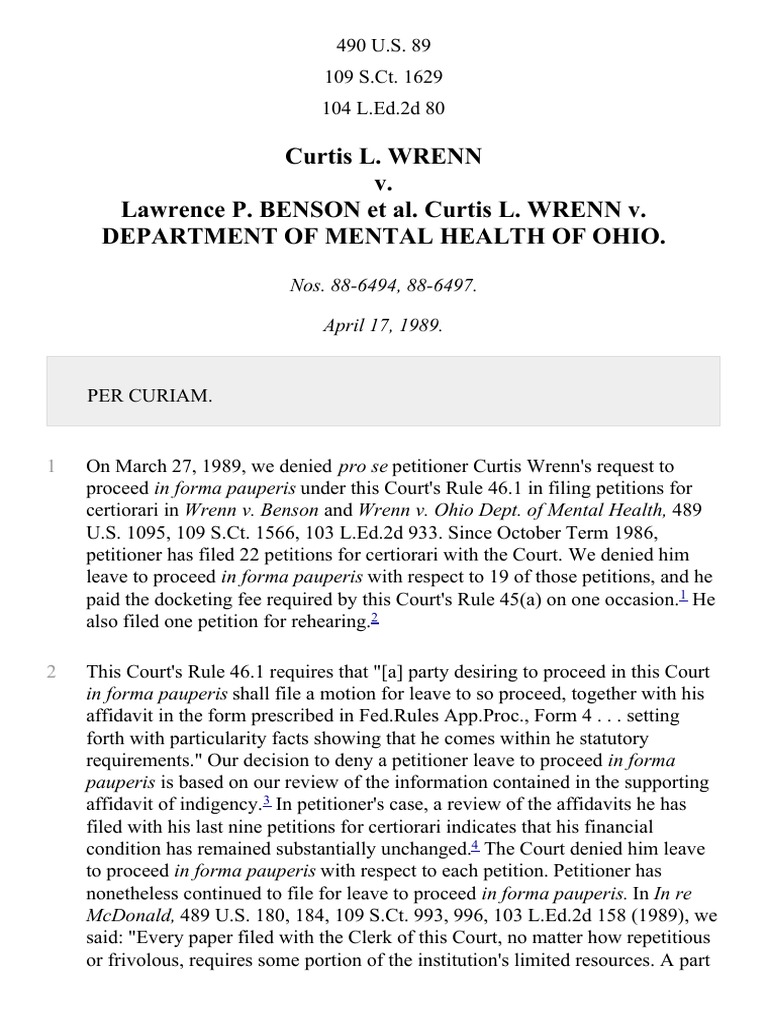 Curtis L. WRENN v. Lawrence P. BENSON Et Al. Curtis L. WRENN v ...