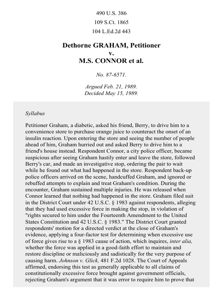 Graham v. Connor, 490 U.S. 386 (1989) | PDF | Fourth Amendment To The ...