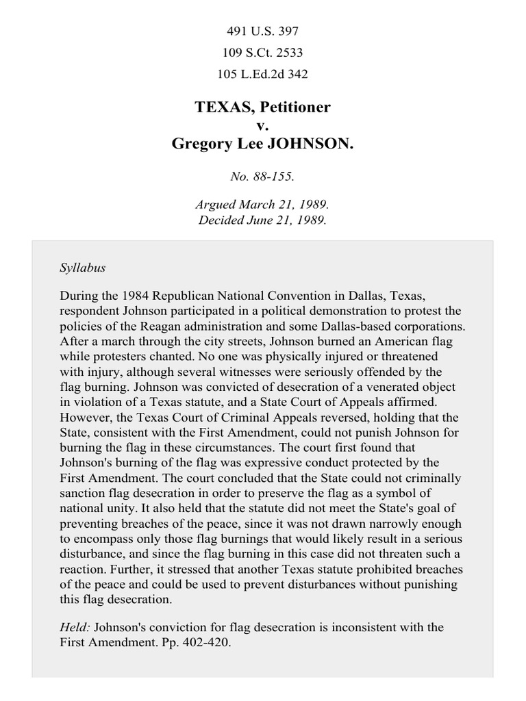 Texas v. Johnson, 491 U.S. 397 (1989) | First Amendment To The United ...