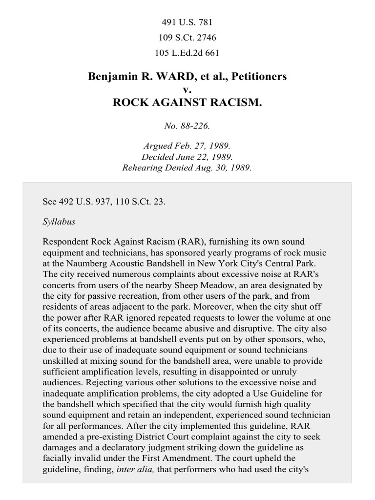 Ward v. Rock Against Racism, 491 U.S. 781 (1989) | PDF | Freedom Of ...