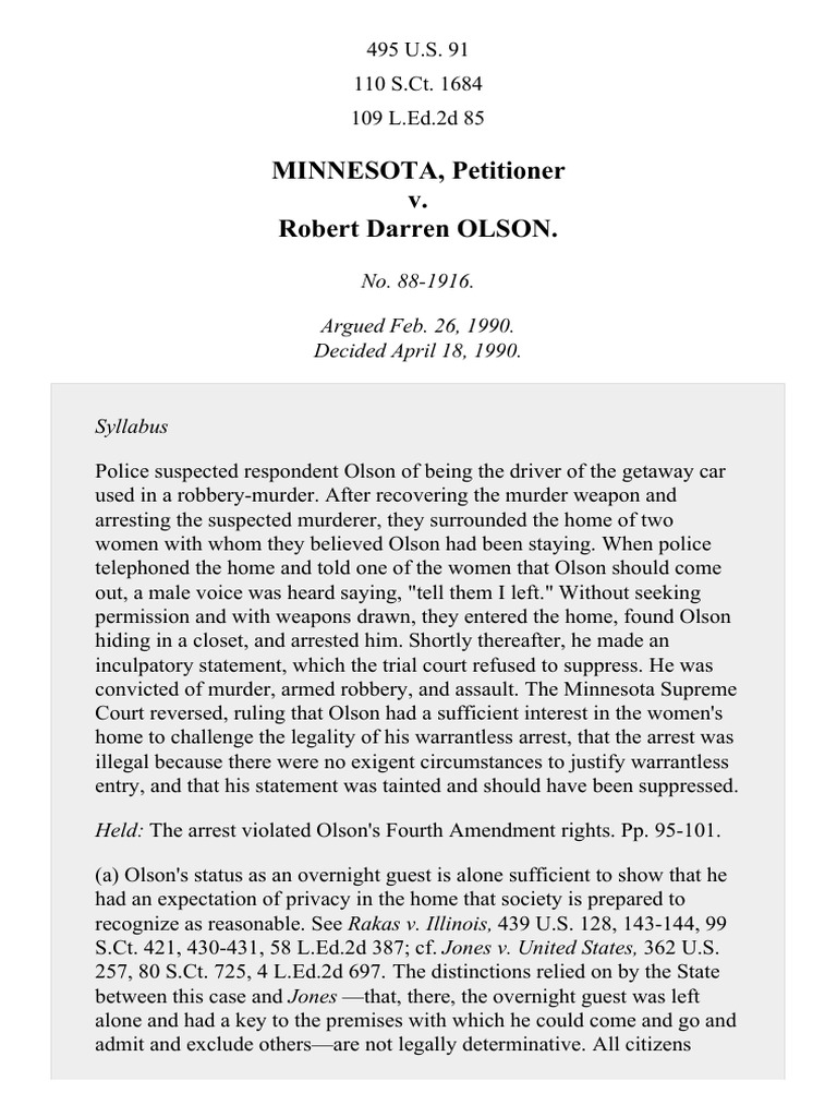 Minnesota v. Olson, 495 U.S. 91 (1990) | Search Warrant | Expectation ...