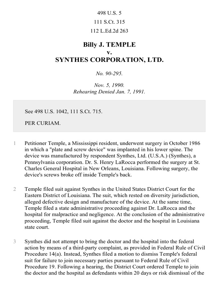 Temple v. Synthes Corp., 498 U.S. 5 (1991) | PDF | Supreme Court Of The ...