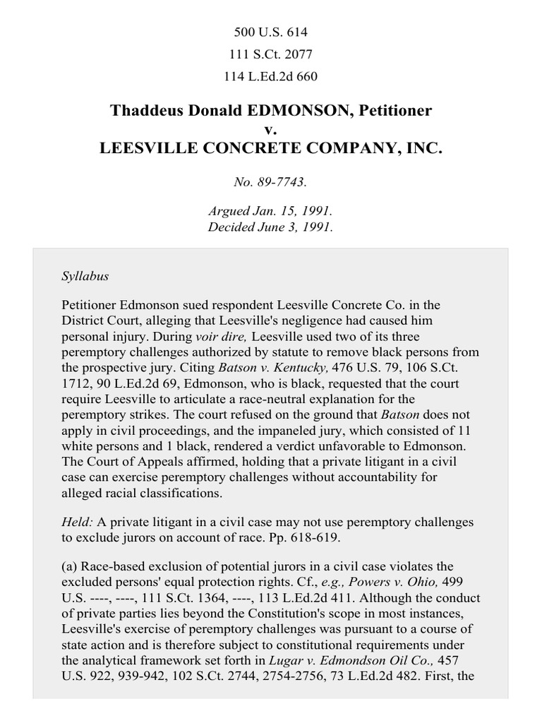 Edmonson v. Leesville Concrete Co., 500 U.S. 614 (1991) | PDF | Batson ...