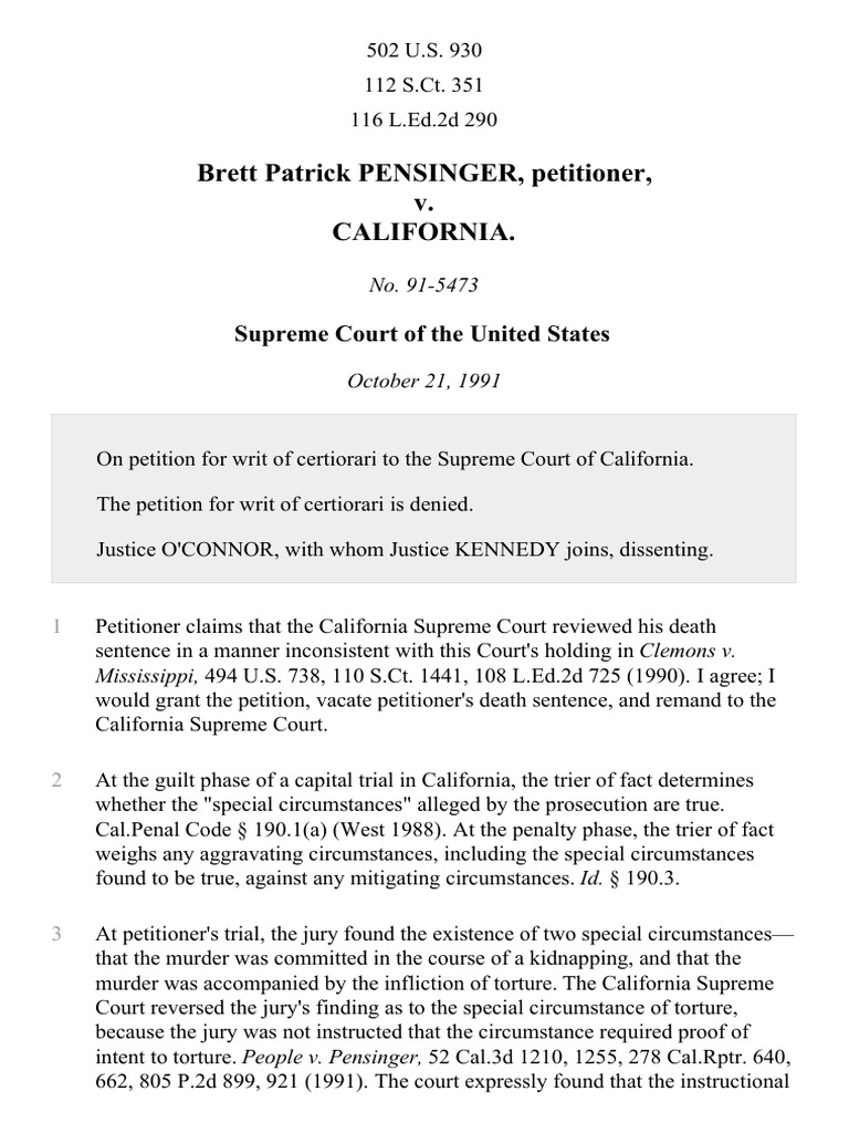 Brett Patrick Pensinger v. California, 502 U.S. 930 (1991) | PDF ...