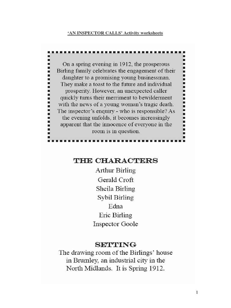 AN INSPECTOR CALLS' Activity Worksheets | PDF | Entertainment (General)