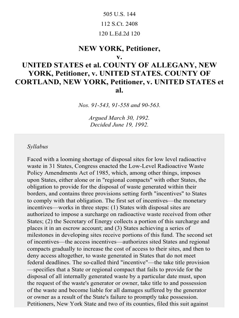 New York v. United States, 505 U.S. 144 (1992) | Tenth Amendment To The ...