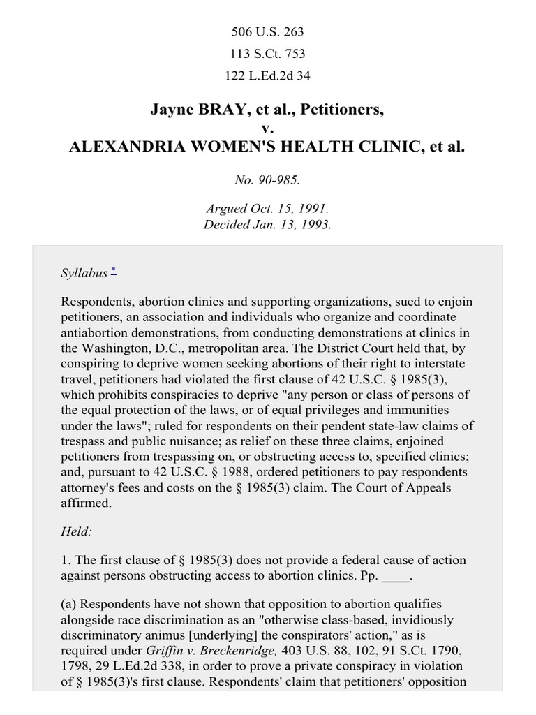 Bray v. Alexandria Women's Health Clinic, 506 U.S. 263 (1993) | PDF ...
