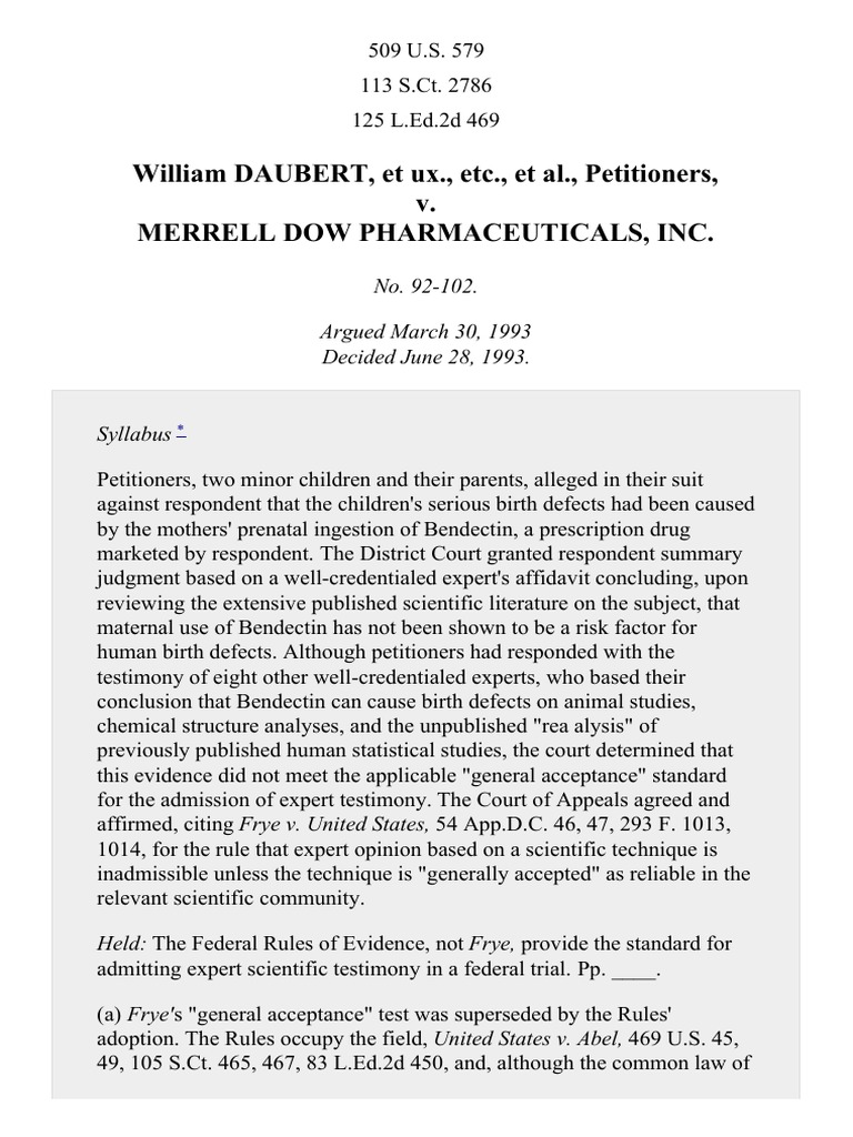 Daubert v. Merrell Dow Pharmaceuticals, Inc., 509 U.S. 579 (1993) | PDF ...