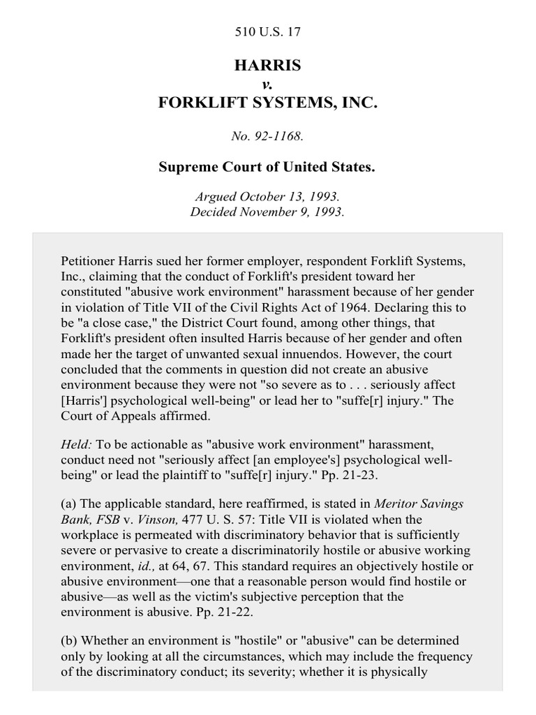 Harris v. Forklift Systems, Inc., 510 U.S. 17 (1993) | PDF | Civil ...