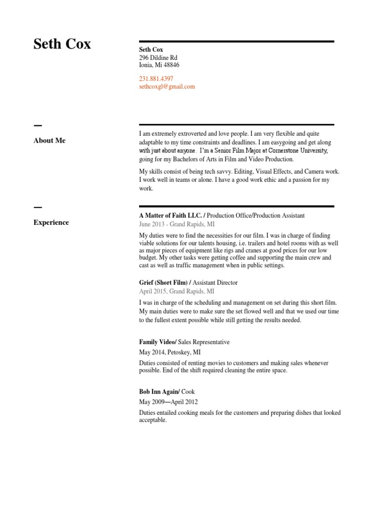 Seth Cox: Film Major & Production Assistant | PDF