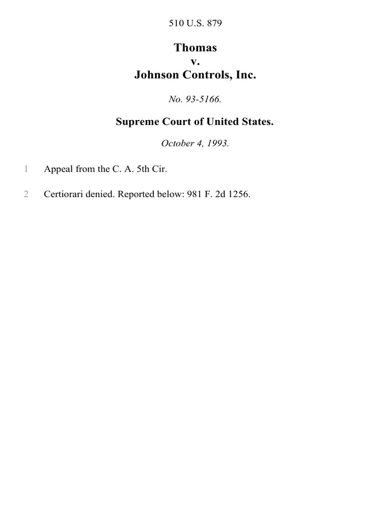 Thomas v. Johnson Controls, Inc, 510 U.S. 879 (1993) | PDF