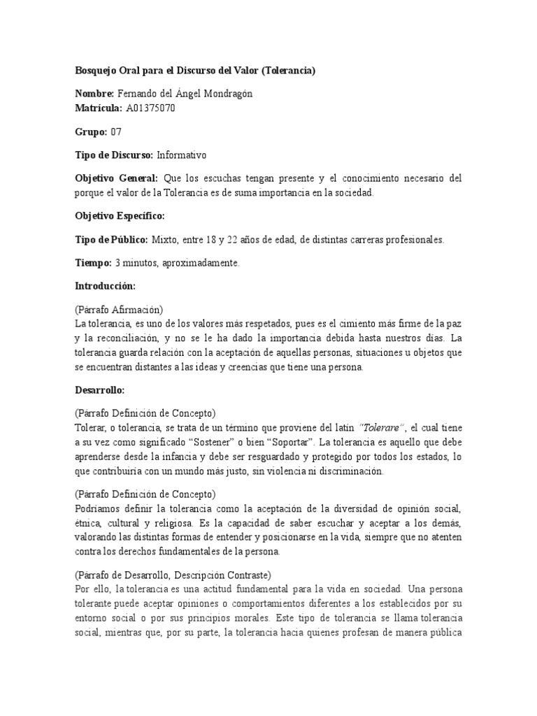 Bosquejo para Discurso Del Valor | PDF | Tolerancia | Sociedad