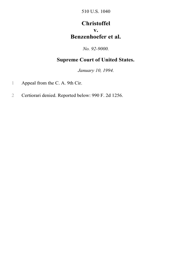 Christoffel v. Benzenhoefer, 510 U.S. 1040 (1994) | PDF | United States ...