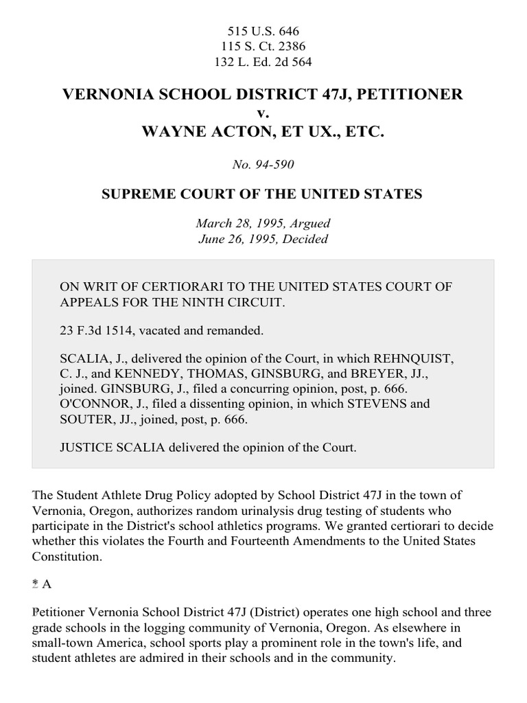 Vernonia School District v. Acton Summary | PDF | Fourth Amendment To ...