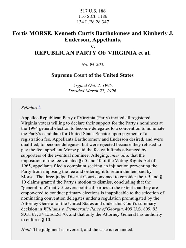 Morse v. Republican Party of Va., 517 U.S. 186 (1996) | PDF | Supreme ...