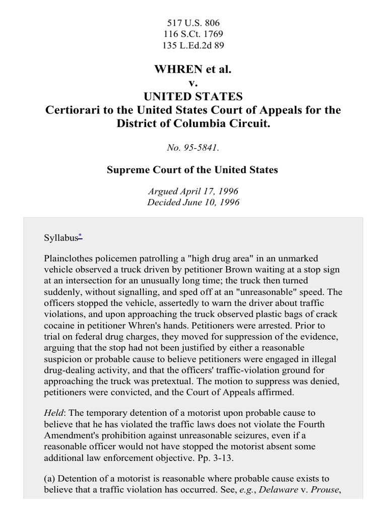 Whren v. United States, 517 U.S. 806 (1996) | Probable Cause | Search ...
