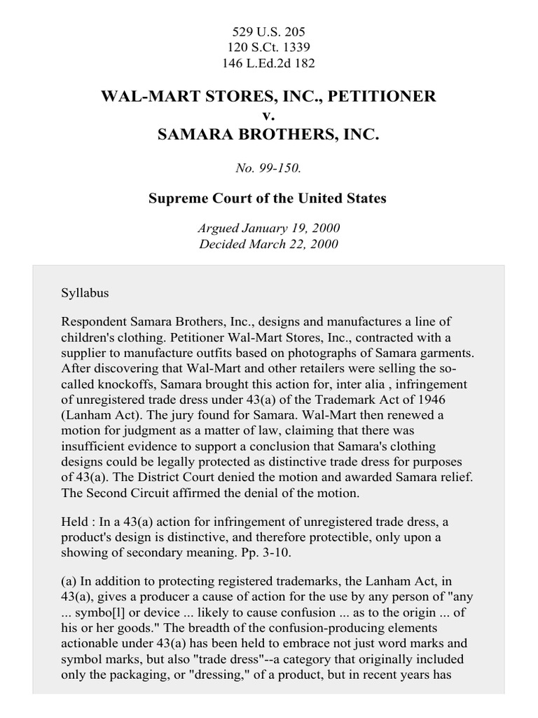 Wal-Mart Stores, Inc. v. Samara Brothers, Inc., 529 U.S. 205 (2000 ...